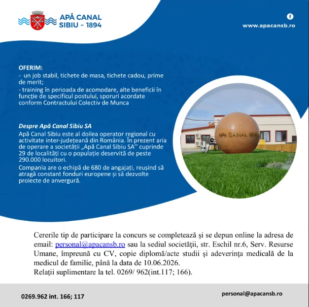 Apă Canal Sibiu angajează instalator pentru Stația Dumbrava - Sibiu ...